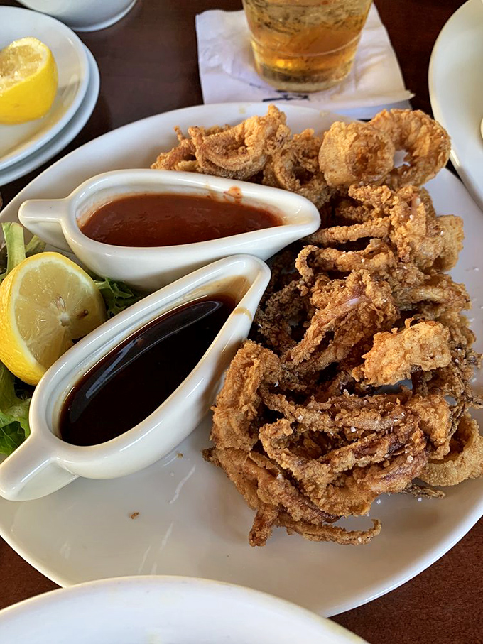 Fried calamari piled this high is either very generous or a delicious challenge, and either way, you're winning at dinner tonight.