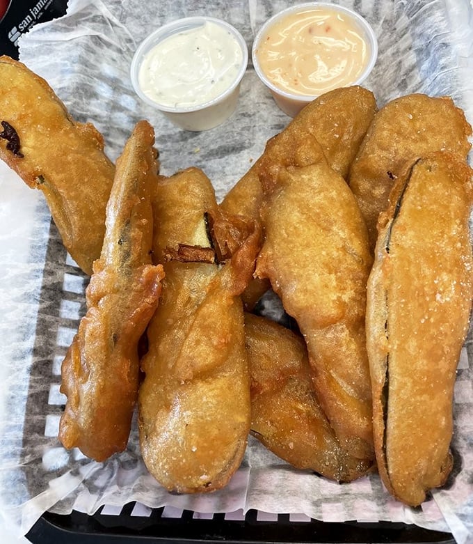Golden-fried pickles that shatter with each bite, served with dipping sauces that make you forget vegetables were ever healthy.
