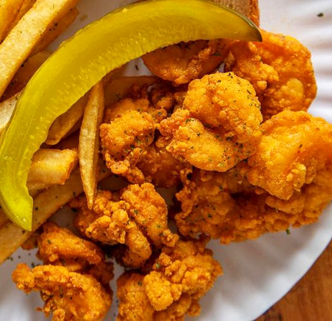 The shrimp platter comes with a pickle slice that's less garnish and more like the period at the end of a delicious sentence.