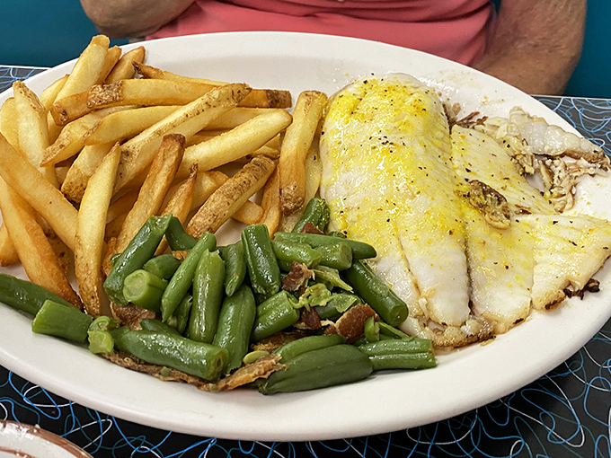 Eggs, fries, and green beans&mdash;the holy trinity of diner lunch plates, where simplicity isn't just a virtue, it's the whole sermon.