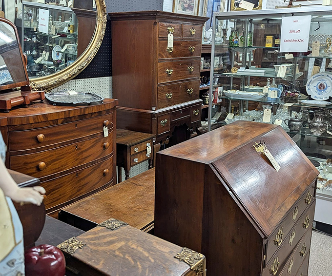 Solid wood furniture with the patina only decades can create. These secretary desks and dressers were built when craftsmanship mattered more than assembly instructions.
