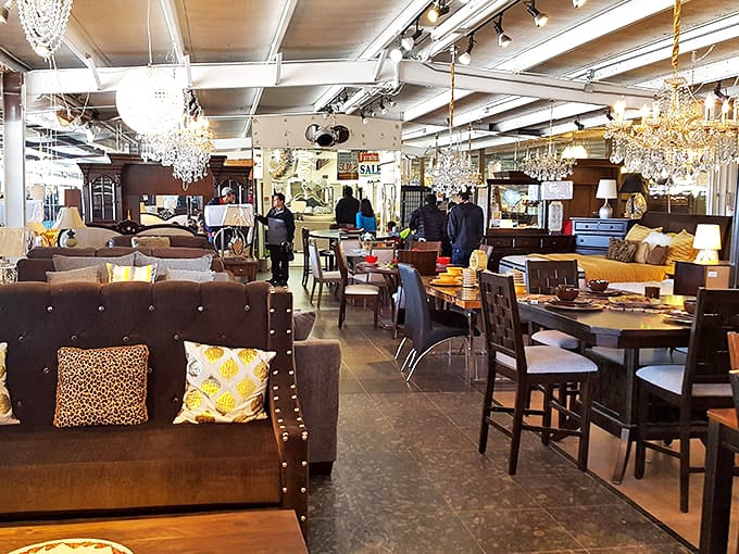 Crystal chandeliers illuminate furniture displays that would make any living room jealous of the competition.