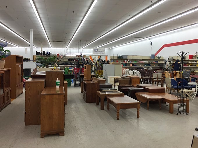 Furniture island—where wooden end tables and coffee stands gather like old friends at a reunion, patiently waiting for their second chance at making a house a home.