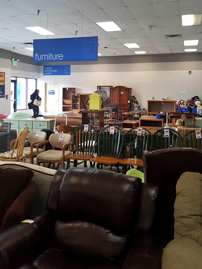 The furniture section resembles a living room designed by someone with eclectic taste and access to a time machine.