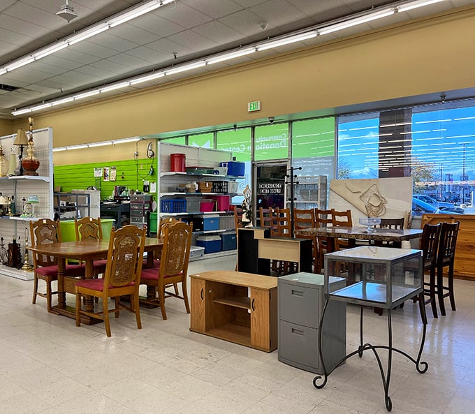 The furniture section showcases dining sets with previous lives and future potential. That cane-back chair might have witnessed decades of family dinners. 