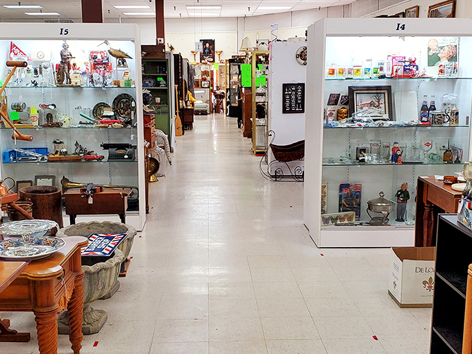 The antique mall's main thoroughfare&mdash;a clean, well-lighted place for vintage hunters to begin their expedition through decades of American design.