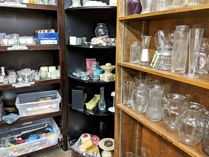 Glassware shelves tell stories of dinner parties past&mdash;each jar and vase awaiting its next chapter.