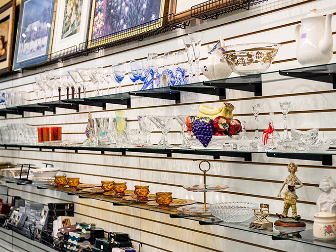 Crystal and glassware that would make your grandmother swoon, arranged like a museum of domestic elegance from decades past.