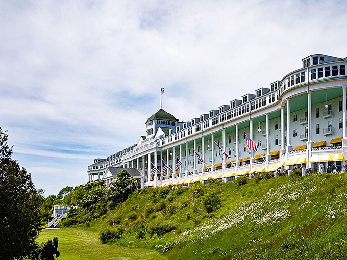 The Grand Hotel's sprawling white fa&ccedil;ade and world-famous porch stand majestically above perfectly manicured grounds&mdash;Victorian elegance on a grand scale.