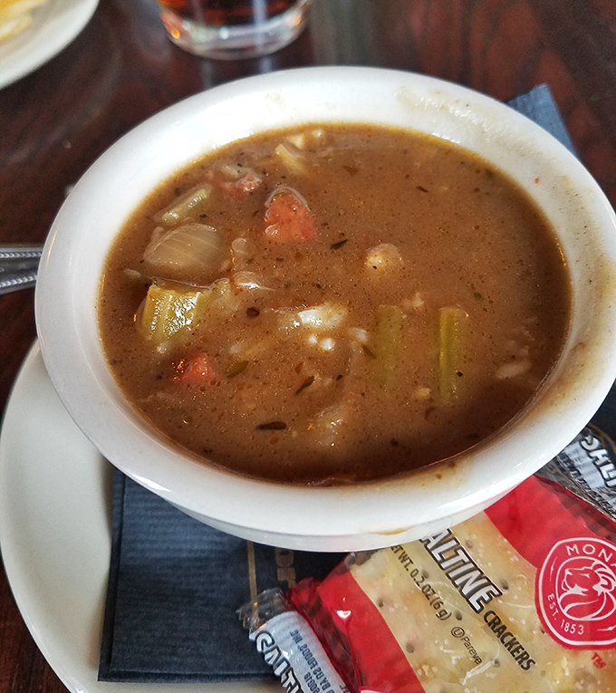 A bowl of gumbo that could make New Orleans jealous, with chunks of vegetables and meat swimming in a rich broth that demands to be sopped up.