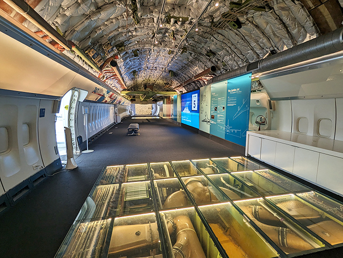 Walking through a hollowed-out fuselage feels like exploring a whale's skeleton, if whales were made of aluminum and had overhead bins. 