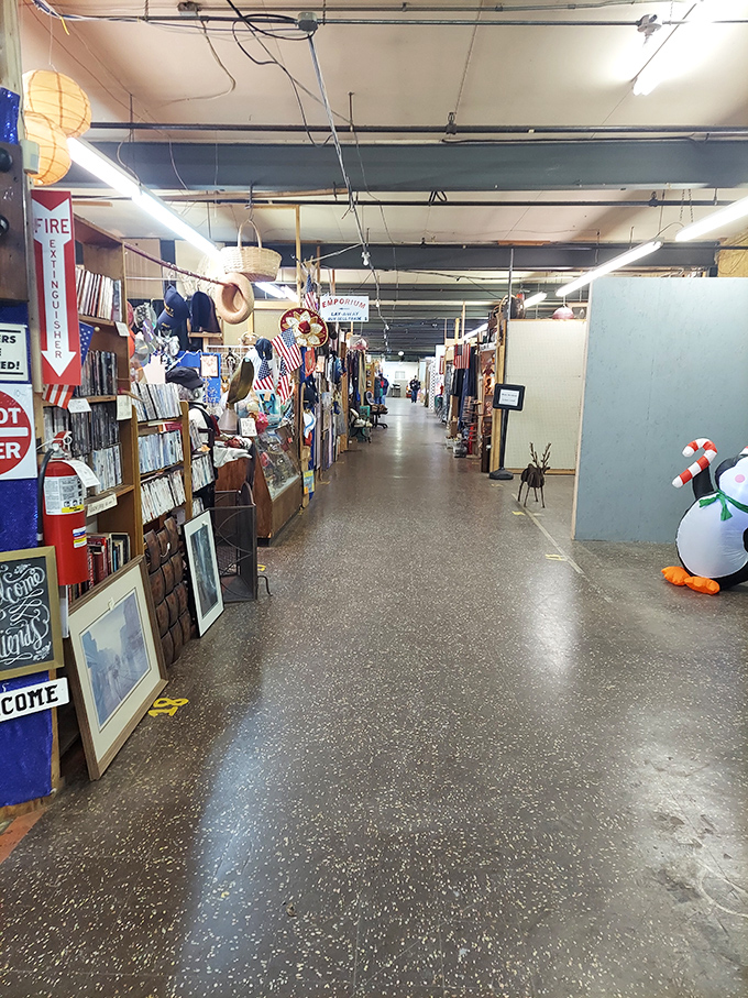 Americana lines the walls as you journey deeper into the market. From patriotic memorabilia to seasonal inflatables, the eclectic mix defies categorization.