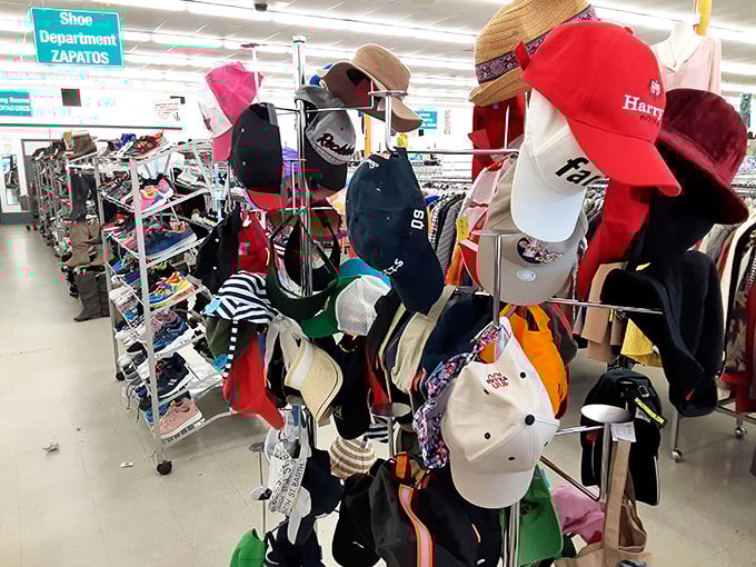 Hat heaven! A spinning carousel of headwear options proves one person's castoff cap is another's perfect protection from Florida's fierce sunshine.