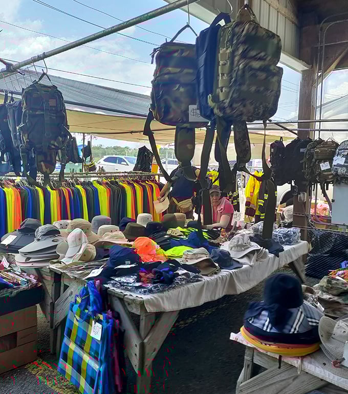 A colorful array of hats, bags, and outdoor gear. The unofficial uniform department for weekend warriors and practical fashionistas alike.