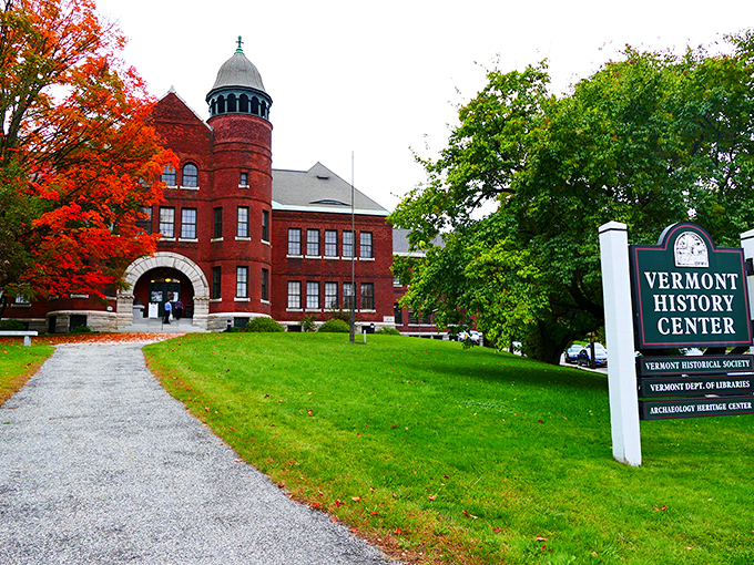 Fall foliage frames the Vermont History Center like nature's own Instagram filter, proving history doesn't have to be drab to be educational.