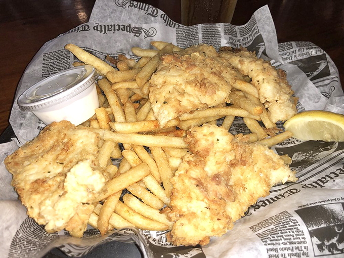 Golden, crispy perfection that would make Neptune himself swim ashore. This hogfish puts ordinary fish and chips in permanent time-out.