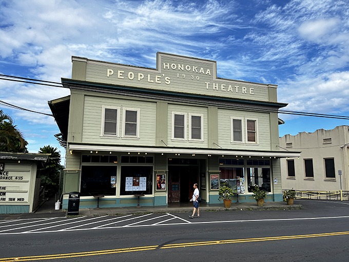 The Honoka'a People's Theatre has been the town's cultural heartbeat since 1930, its mint-green facade a beacon of entertainment through generations.