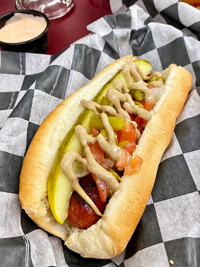 Chicago-style done proper: pickles standing proud, relish gleaming green, and enough toppings to constitute a balanced meal.