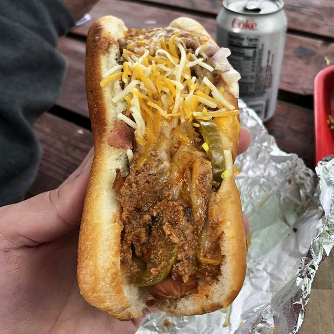 This isn't just a hot dog&mdash;it's an engineering marvel of chili, cheese, and pickles that requires both hands, several napkins, and absolutely zero shame.