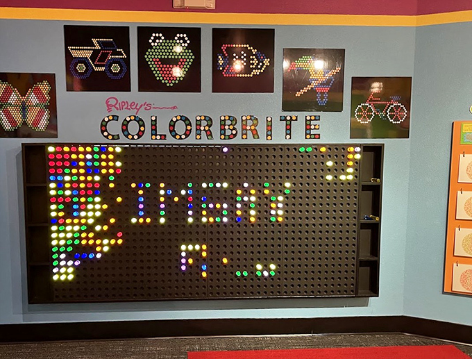 The Colorbrite display transforms simple pegs into illuminated art. It's like a giant Lite-Brite for grown-ups who never quite outgrew their childhood toys