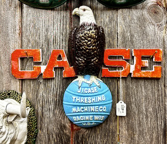 American industrial history perched proudly on weathered wood. This Case emblem recalls when Wisconsin manufacturing powered the nation's farms.