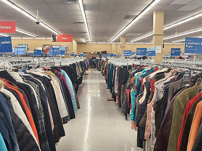 The clothing equivalent of a library, where each jacket tells a different story. Browse this rainbow of possibilities while mentally planning your next reinvention.