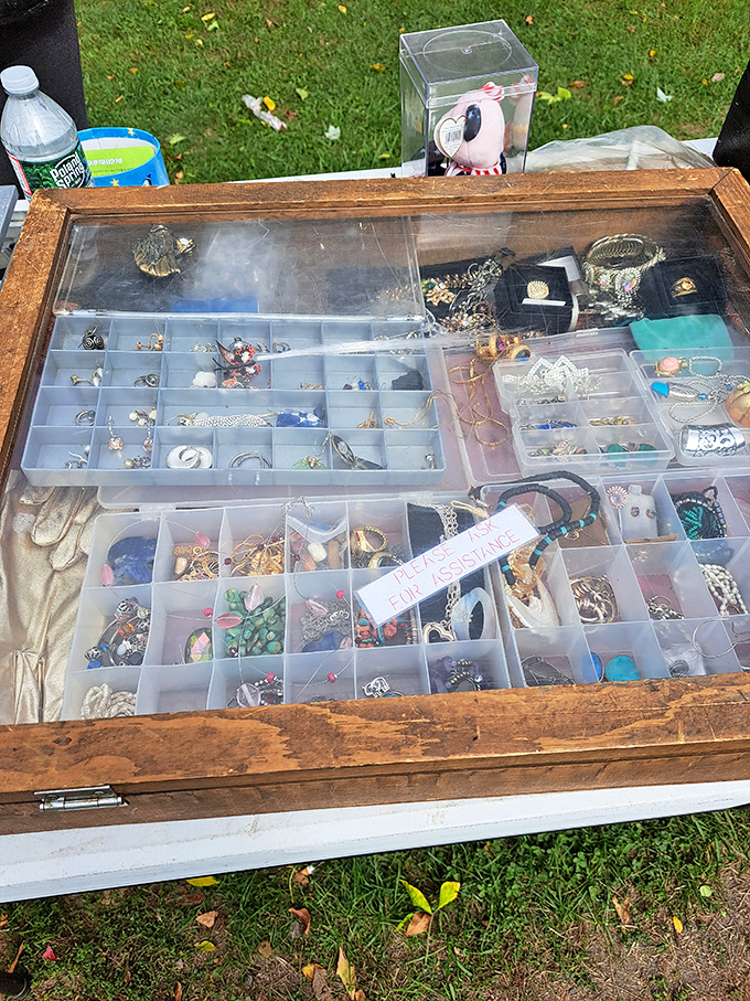 Tiny compartments of possibility—each jewelry box division holding someone's future heirloom or the perfect complement to that vintage outfit.