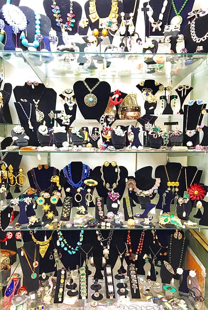 Jewelry displays that would make Elizabeth Taylor swoon&mdash;each necklace, brooch, and earring telling stories of cocktail parties long past.