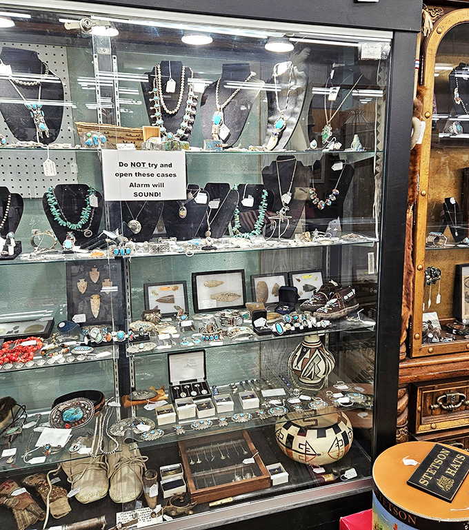 Turquoise and silver tell Wyoming's story in this jewelry case, where each necklace carries the weight of Western heritage and Native artistry.