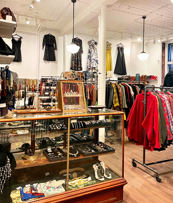 Jewelry cases gleam with decades of accessory wisdom. That statement necklace might have once accompanied someone to Studio 54 or a Vermont barn dance.