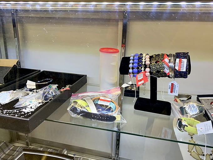 Jewelry displays showcase accessories that once adorned others, now waiting patiently for their next chance to complement an outfit.
