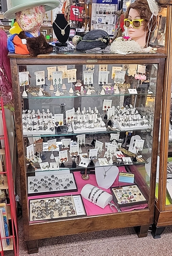 Jewelry cases sparkle with decades of adornment history, from statement pieces that scream 1980s to delicate Victorian treasures.