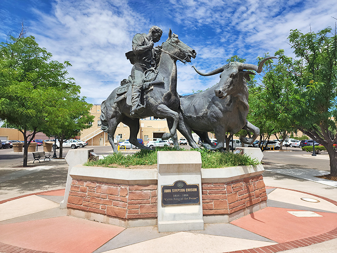 This magnificent bronze captures Roswell's cattle baron heritage in mid-action. The sculptor clearly understood that in the Wild West, dramatic poses weren't just for Hollywood&mdash;they were a way of life.