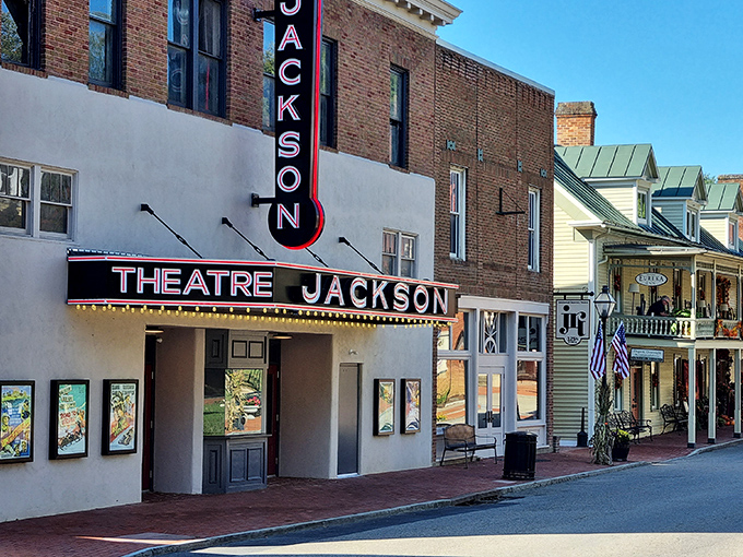 The Jackson Theatre's vintage marquee lights up Main Street like it's 1955. Some entertainment venues don't need streaming services to create magic. 