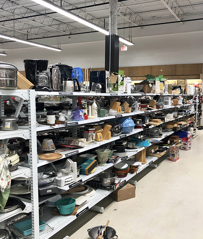 Kitchen gadget heaven awaits the curious cook. From coffee makers to cast iron, these shelves hold the ghosts of meals past and inspiration for dinners future.