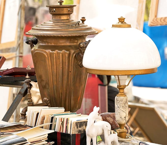 Antique lamps and figurines stand sentinel over stacks of books, each item patiently waiting for someone to say, "That's exactly what I've been looking for!"