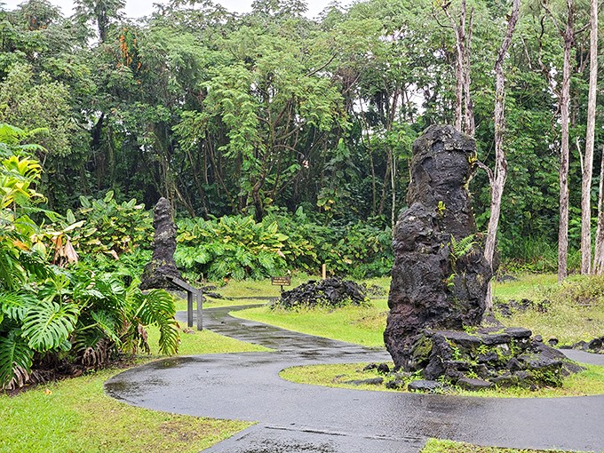 Volcanic formations stand like nature's sculptures in Lava Tree State Monument, where Madame Pele's artistic temperament is eternally displayed.