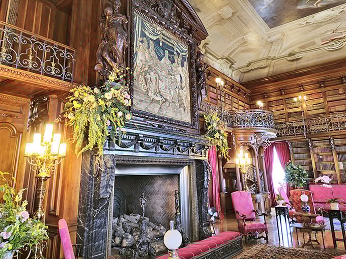 In the Library, 10,000 volumes line carved wooden shelves beneath a painted ceiling. Puts your "impressive" bookshelf of unread bestsellers into perspective, doesn't it? 