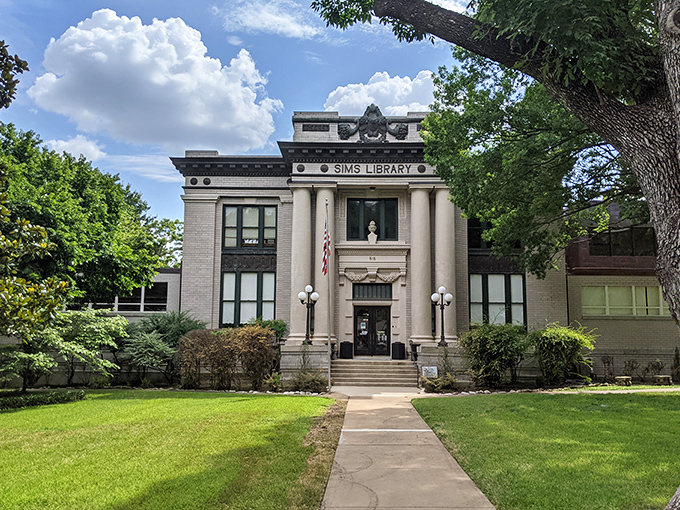 The Sims Library stands as a temple to knowledge with its classical columns and symmetrical grace. Books and beautiful architecture&mdash;a perfect marriage.