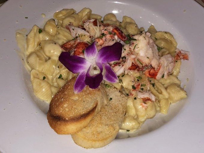 Lobster mac and cheese: where comfort food gets dressed up for a night on the town. That purple orchid isn't just showing off&mdash;it's celebrating what happens when pasta meets ocean royalty.