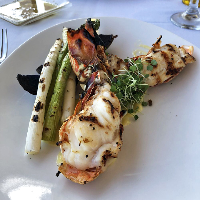 These lobster tails aren't just seafood&mdash;they're ocean royalty holding court with charred vegetables on fine china.