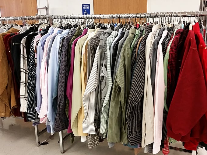 The dress shirt section: where corporate America's castoffs get their second chance. One man's downsizing is another's wardrobe upgrade.