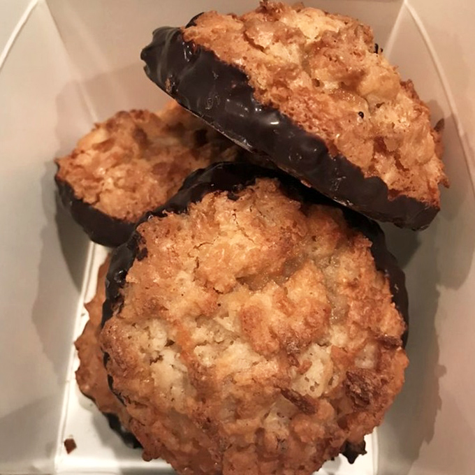 Chocolate-dipped coconut macaroons that would make your grandmother both proud and jealous. Crisp exterior, chewy interior—textural paradise.