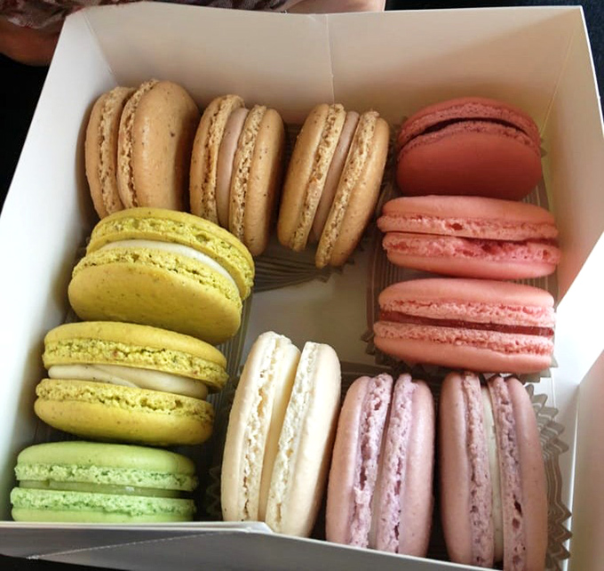 A rainbow of macarons arranged with military precision. Each one a perfect little sandwich of joy that would make even Marie Antoinette swoon.