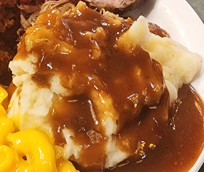 Mashed potatoes swimming in gravy so rich it could buy a yacht. The ultimate comfort food marriage that no therapist could improve upon.