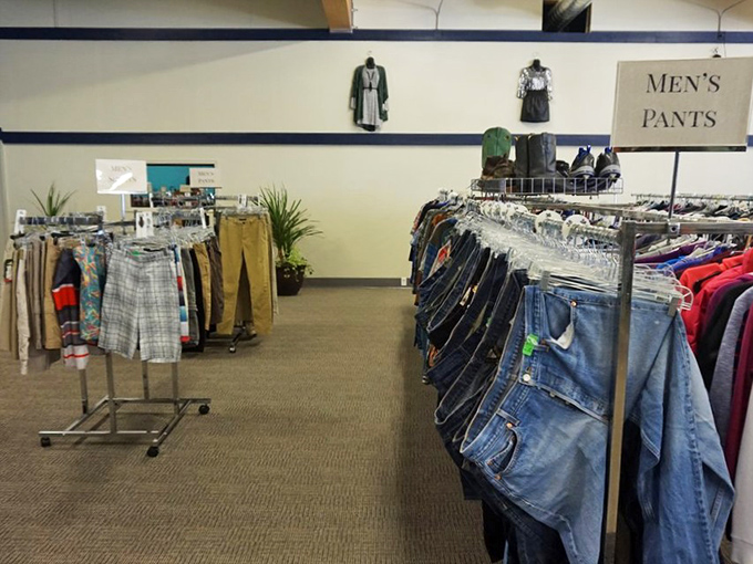 The men's pants section proves secondhand shopping isn't just for vintage-hunting hipsters&mdash;quality denim for every Montana lifestyle.