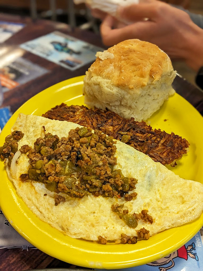Protein paradise on a sunny plate. This hearty omelet filled with seasoned ground beef and green chilies is Montana's answer to "but where's the meat?"