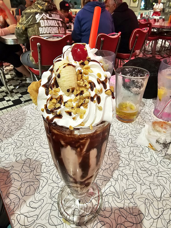 Not so much a milkshake as a tower of indulgence&mdash;whipped cream, nuts, and a cherry that's really just the exclamation point on this dessert sentence.