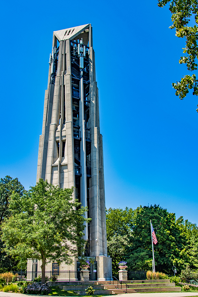 The Millennium Carillon towers over Naperville like a concrete sentinel guarding the suburbs from musical mediocrity.