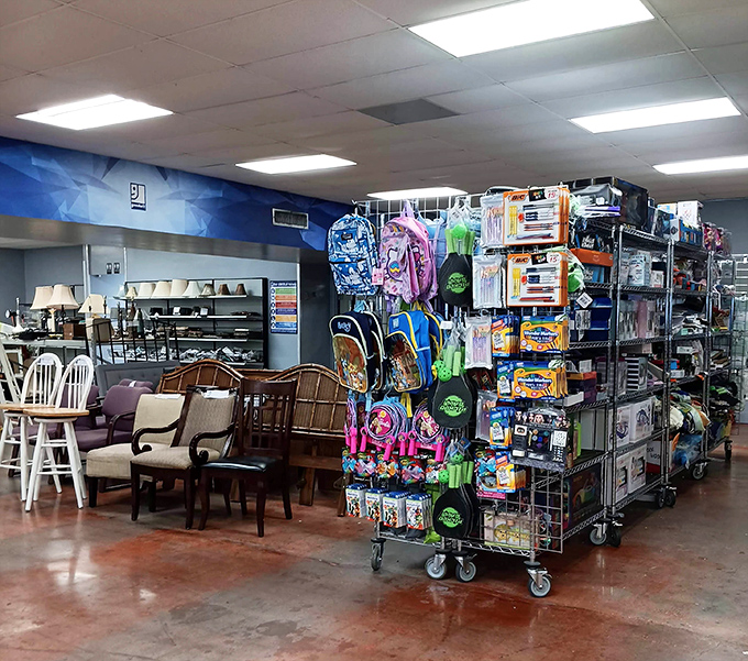 Dining chairs having a meeting without a table. The furniture section offers solid wood pieces begging for a second chance at dinner parties.